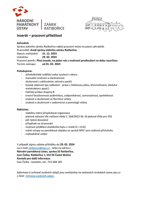 Správa zámku Ratibořice hledá spolupracovníka v pracovní pozici ...